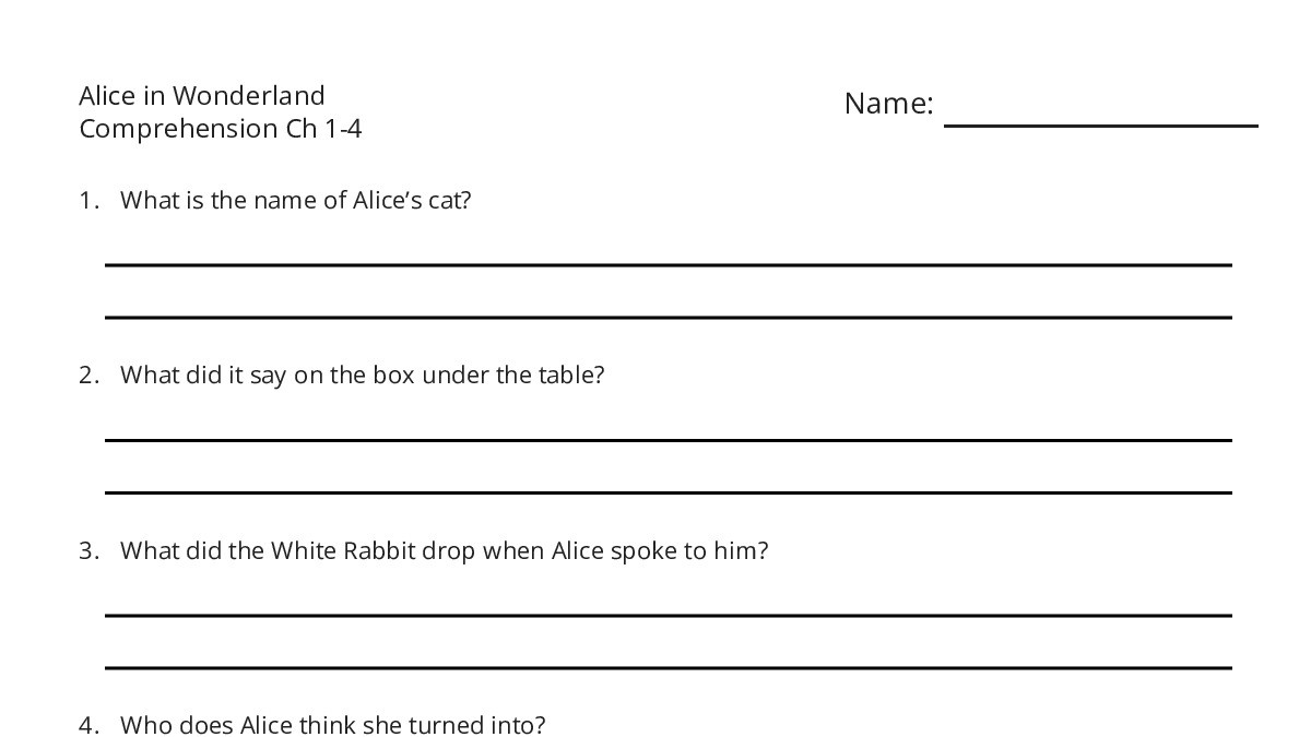 Alice in Wonderland Comprehension Ch 1-4 - My Worksheet Maker: Create ...
