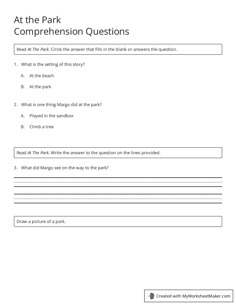 At the Park Comprehension Questions - My Worksheet Maker: Create Your ...