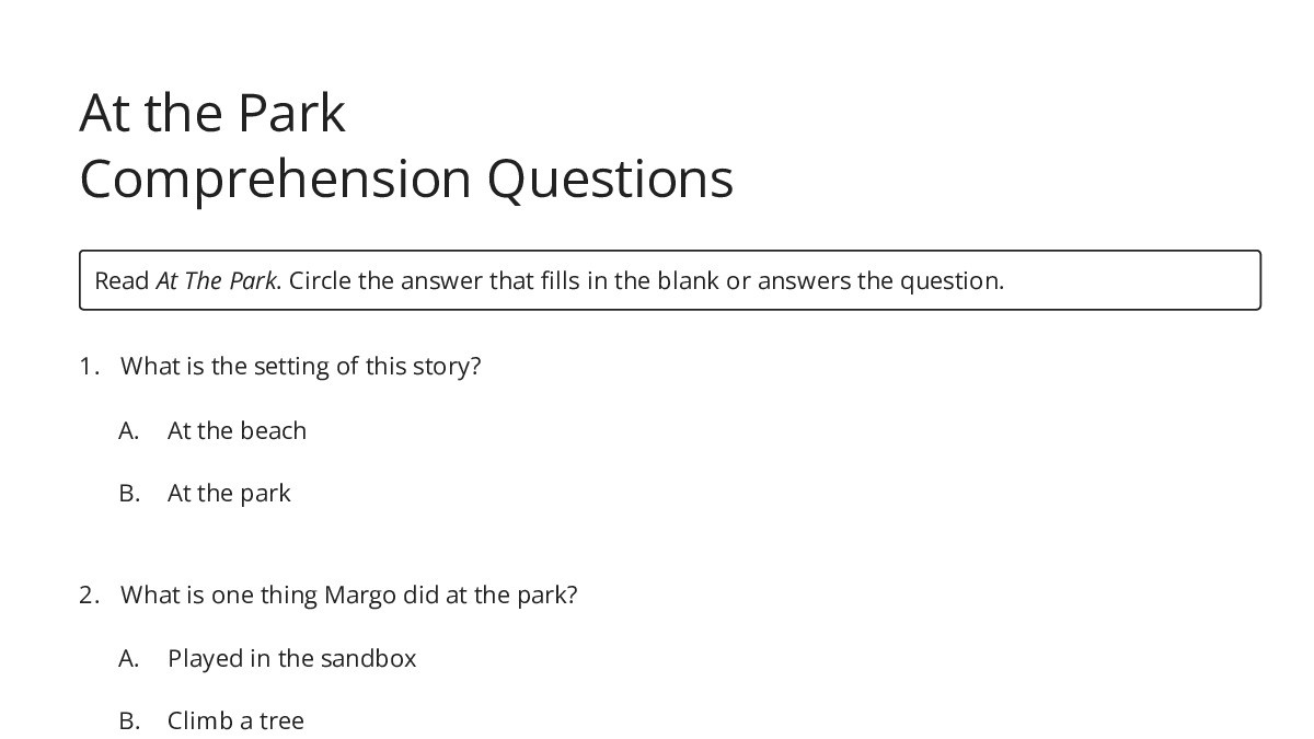 At the Park Comprehension Questions - My Worksheet Maker: Create Your ...