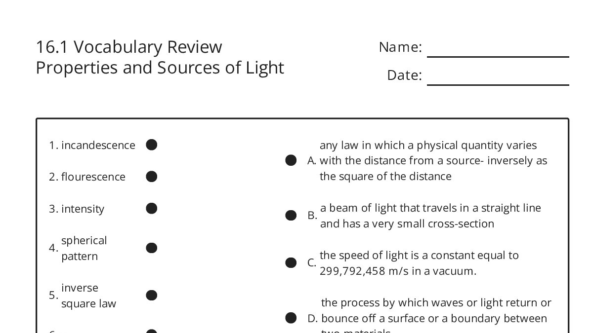 16.1 Vocabulary Review Properties and Sources of Light - My Worksheet ...