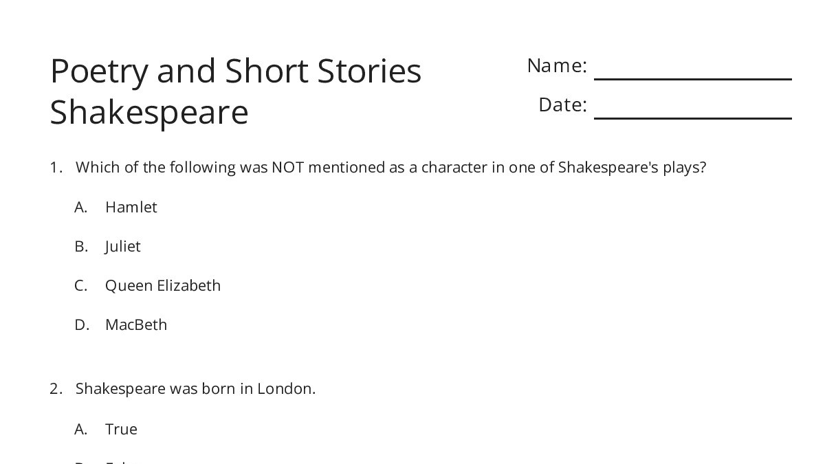 Poetry and Short Stories Shakespeare - My Worksheet Maker: Create Your ...