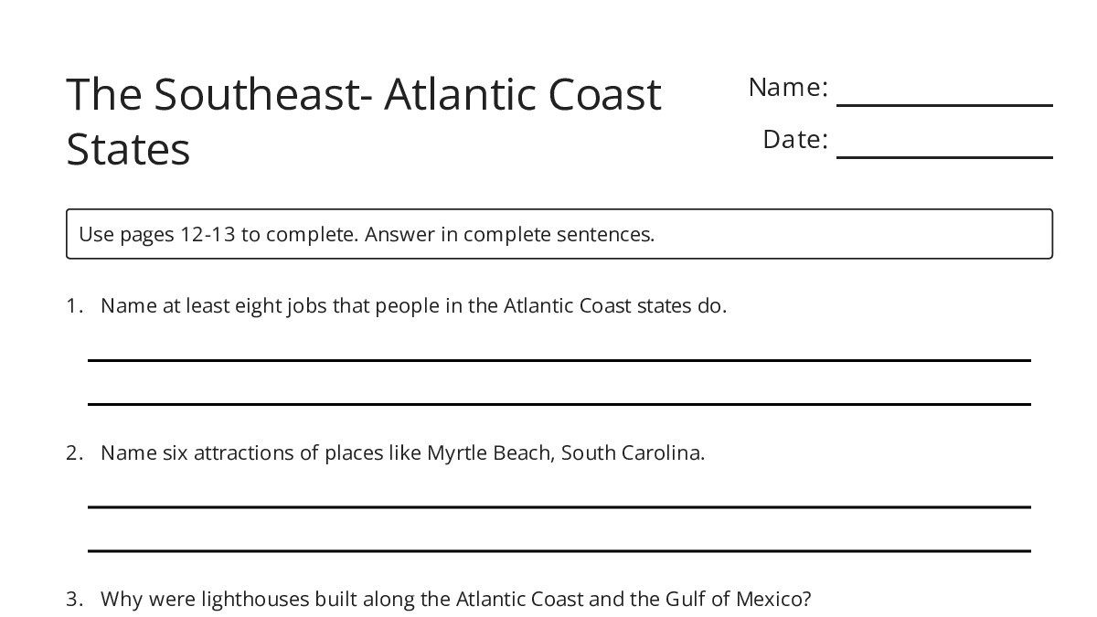 The Southeast- Atlantic Coast States - My Worksheet Maker: Create Your ...