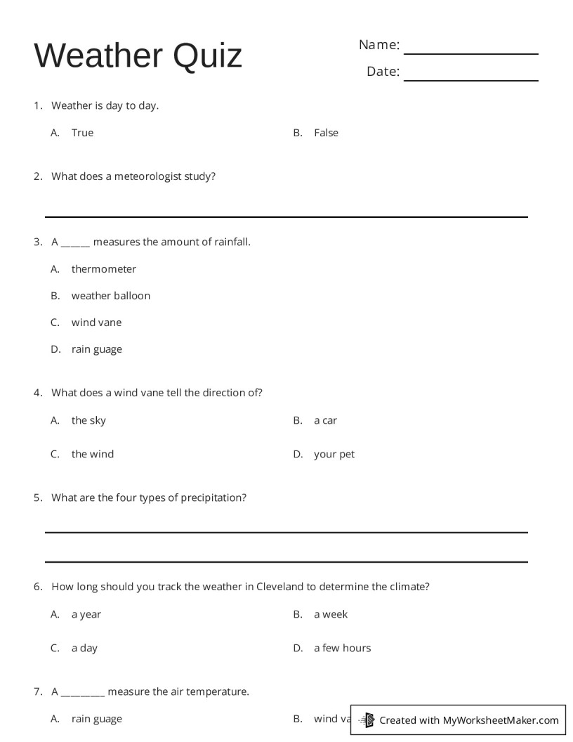 Weather Quiz - My Worksheet Maker: Create Your Own Worksheets