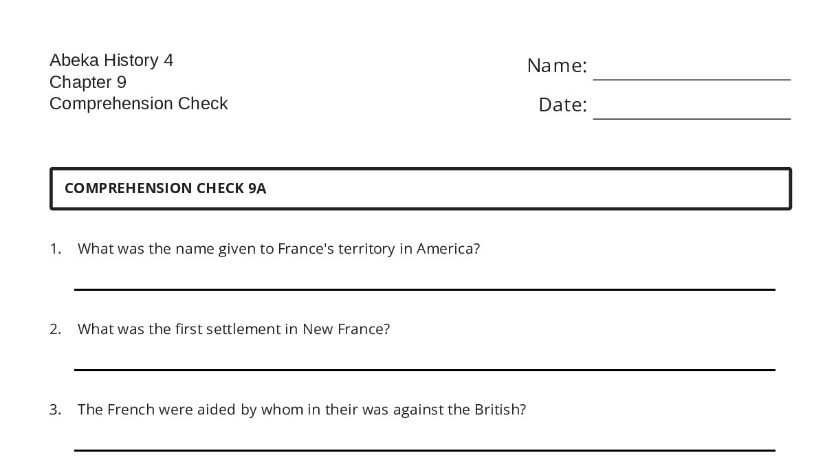 Abeka History 4 Chapter 9 Comprehension Check - My Worksheet Maker ...
