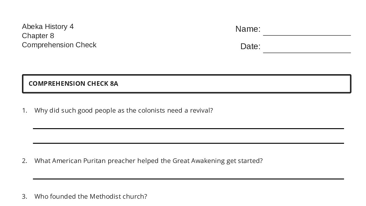 Abeka History 4 Chapter 8 Comprehension Check - My Worksheet Maker ...