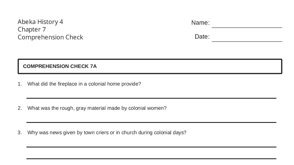 Abeka History 4 Chapter 7 Comprehension Check - My Worksheet Maker ...