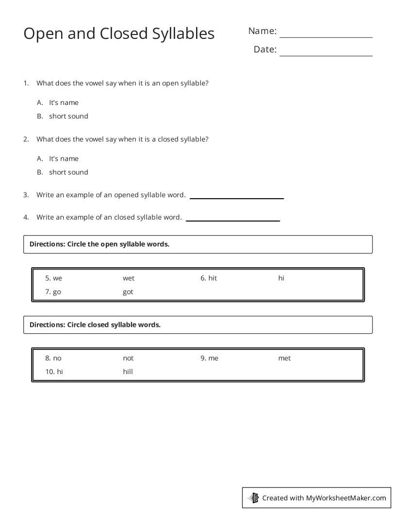Open and Closed Syllables - My Worksheet Maker: Create Your Own Worksheets