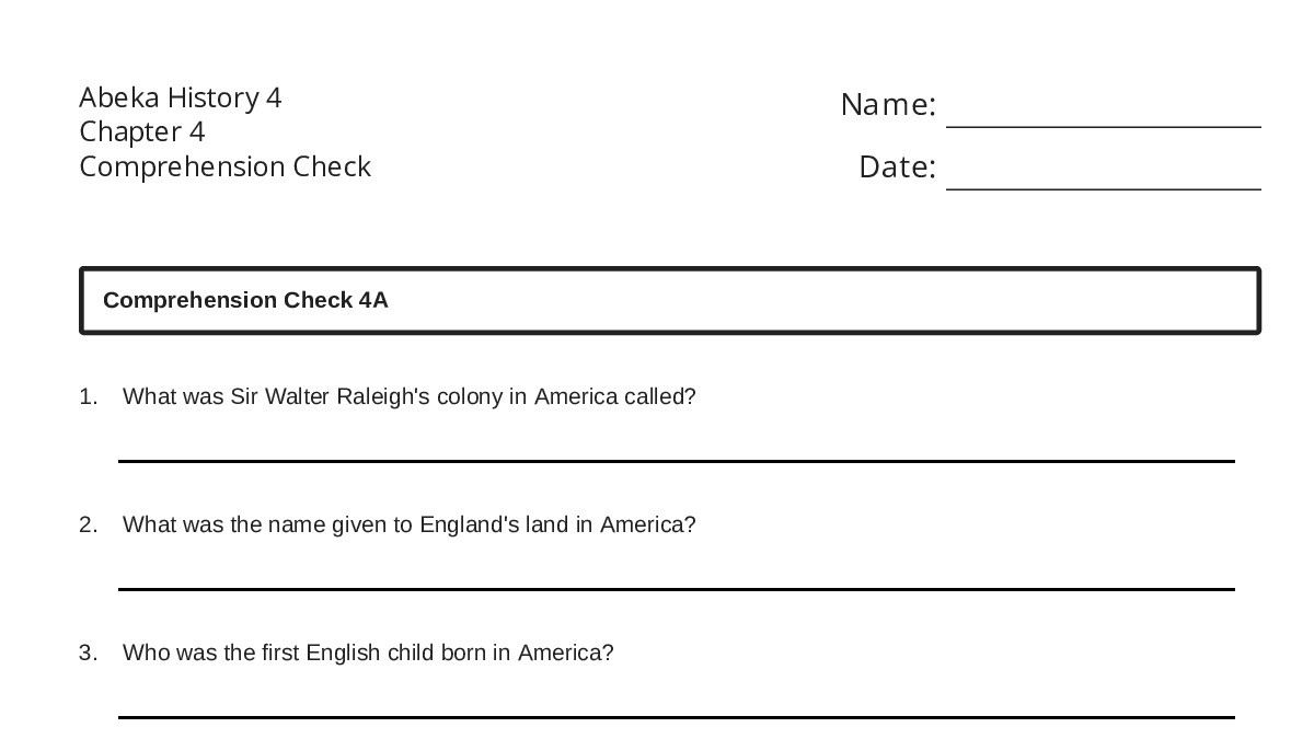 Abeka History 4 Chapter 4 Comprehension Check - My Worksheet Maker: Create Your Own Worksheets