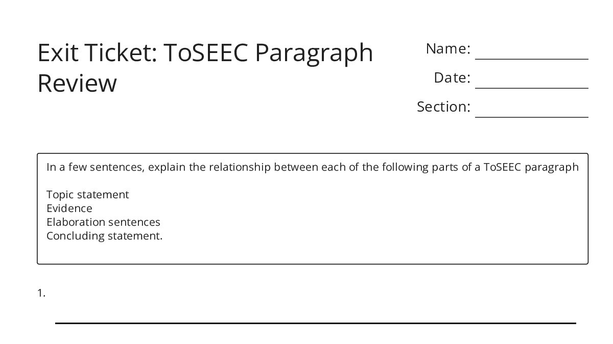 Exit Ticket: ToSEEC Paragraph Review - My Worksheet Maker: Create Your ...