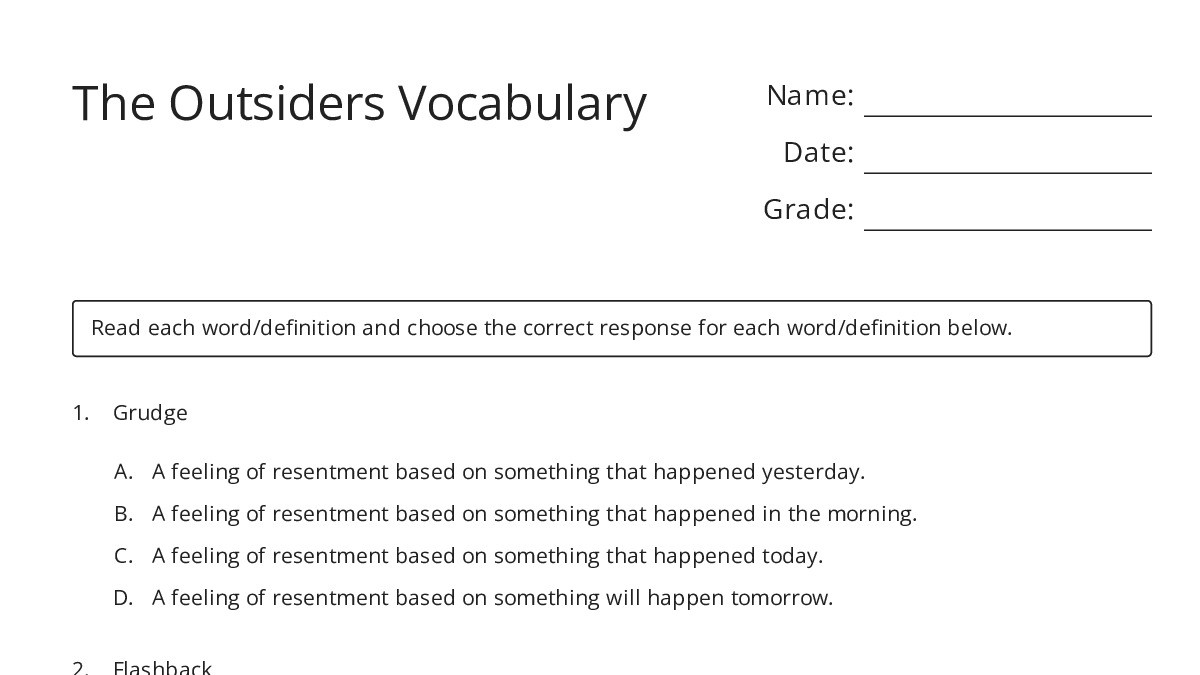 The Outsiders Vocabulary - My Worksheet Maker: Create Your Own Worksheets