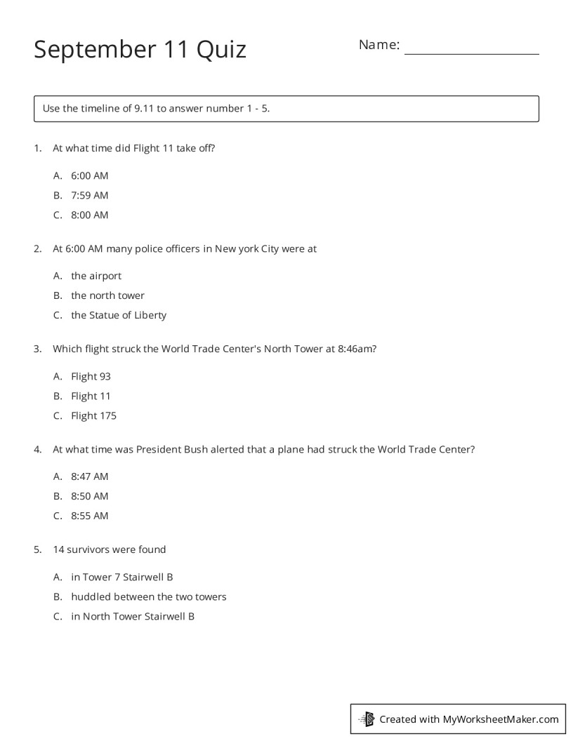 September 11 Quiz - My Worksheet Maker: Create Your Own Worksheets