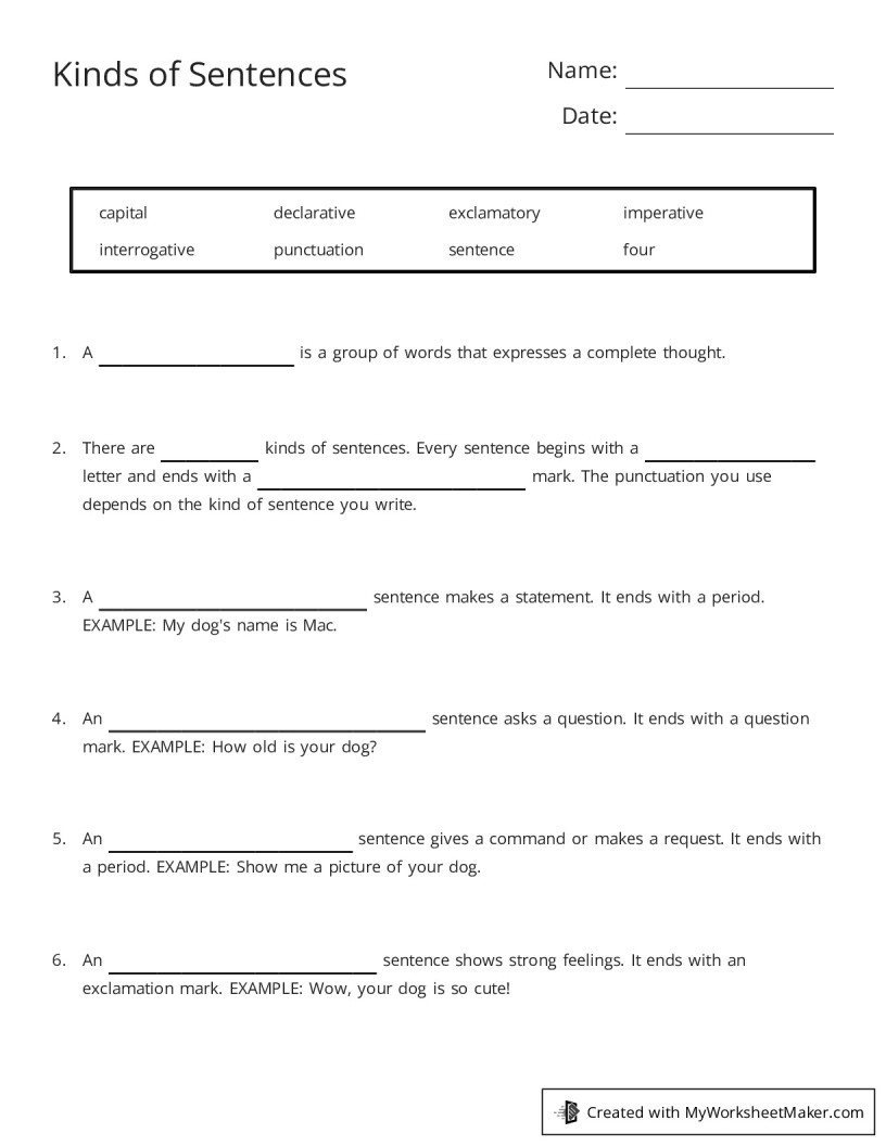 Kinds of Sentences - My Worksheet Maker: Create Your Own Worksheets