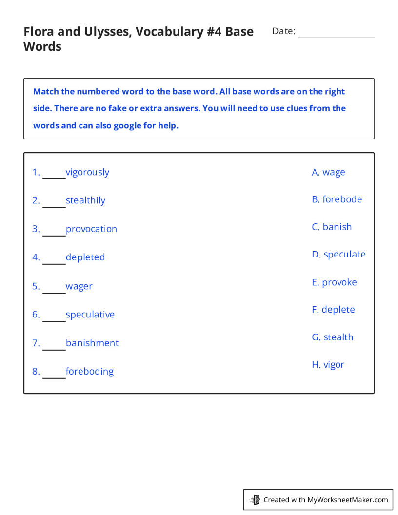 Flora and Ulysses, Vocabulary #4 Base Words - My Worksheet Maker ...