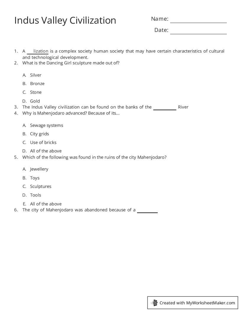 Indus Valley Civilization - My Worksheet Maker: Create Your Own Worksheets