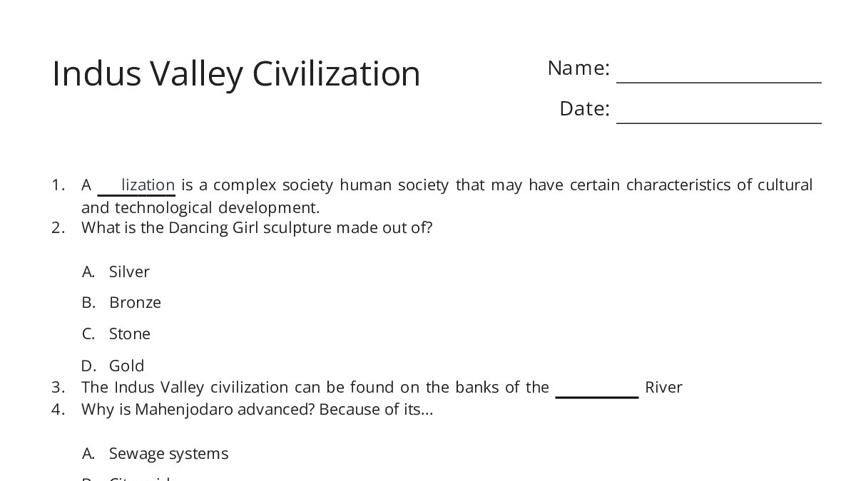 Indus Valley Civilization - My Worksheet Maker: Create Your Own Worksheets