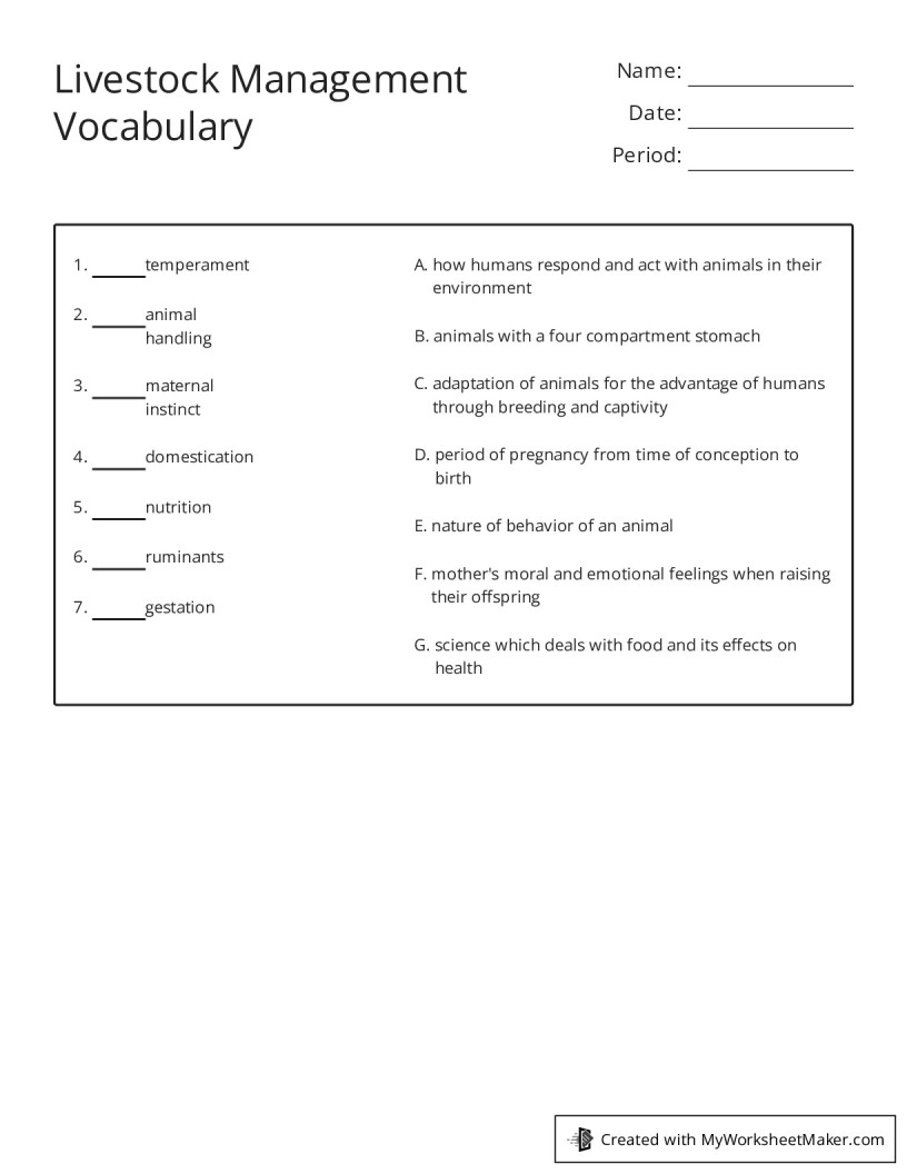 Livestock Management Vocabulary - My Worksheet Maker: Create Your Own ...