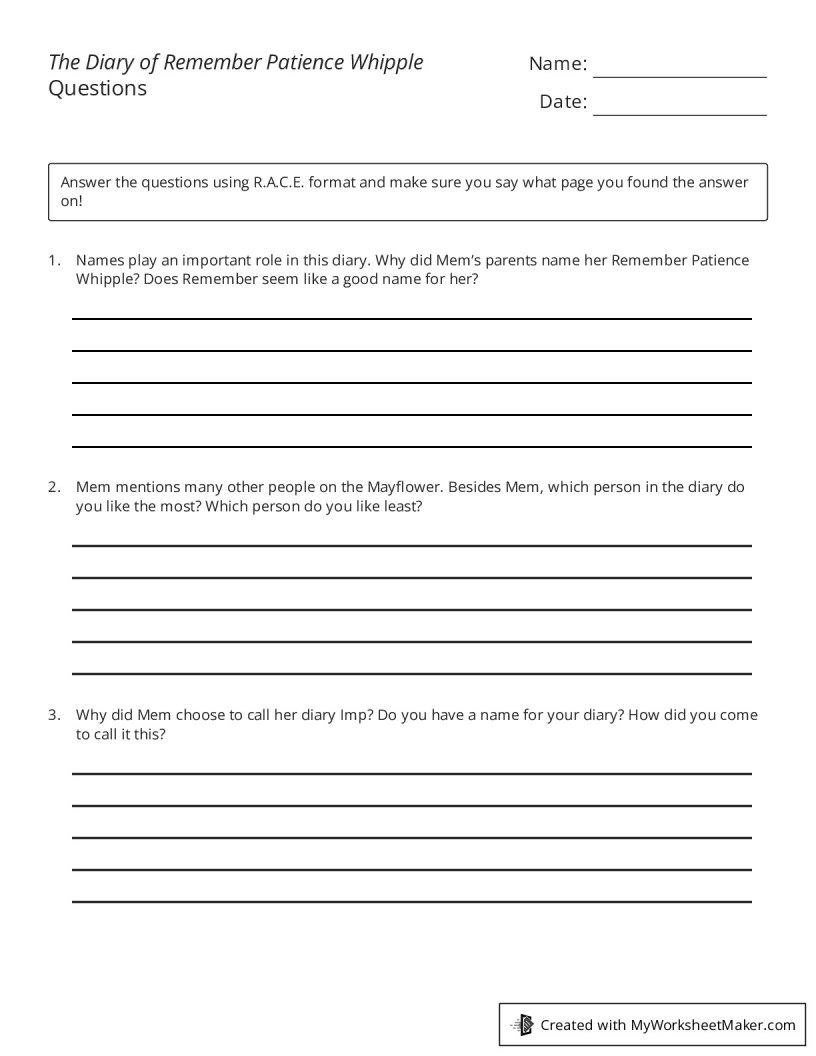 The Diary of Remember Patience Whipple Questions - My Worksheet Maker ...
