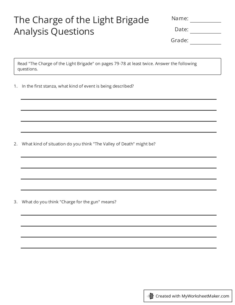 The Charge of the Light Brigade Analysis Questions - My Worksheet Maker ...