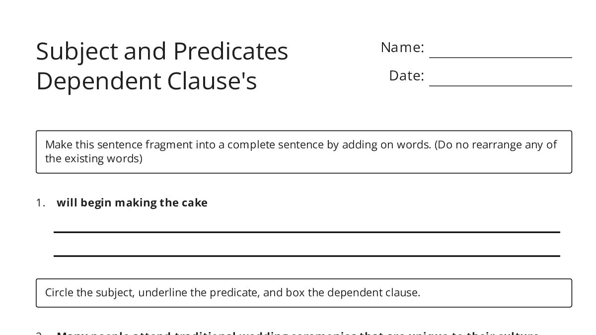 Subject and Predicates Dependent Clause's - My Worksheet Maker: Create ...