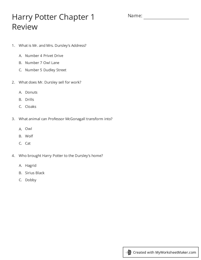 Harry Potter Chapter 1 Review - My Worksheet Maker: Create Your Own ...