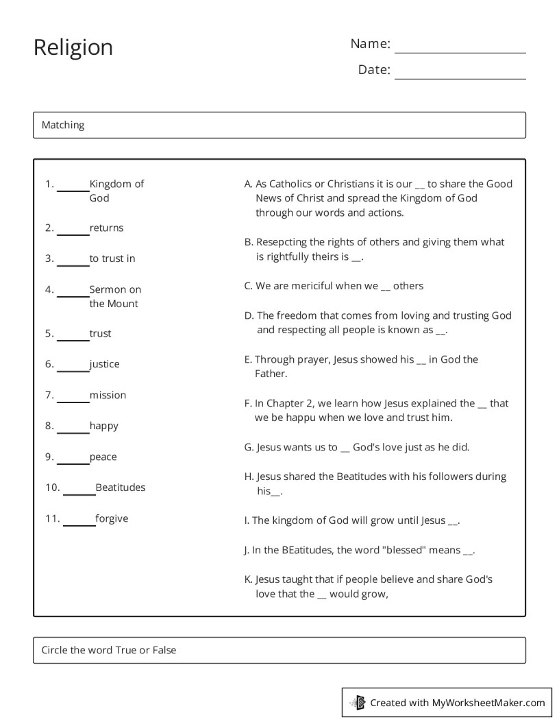 Religion - My Worksheet Maker: Create Your Own Worksheets