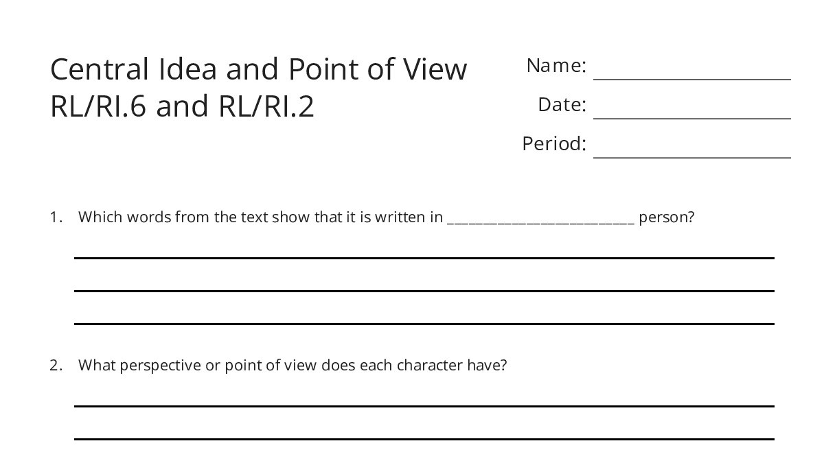 Central Idea and Point of View RL/RI.6 and RL/RI.2 - My Worksheet Maker ...