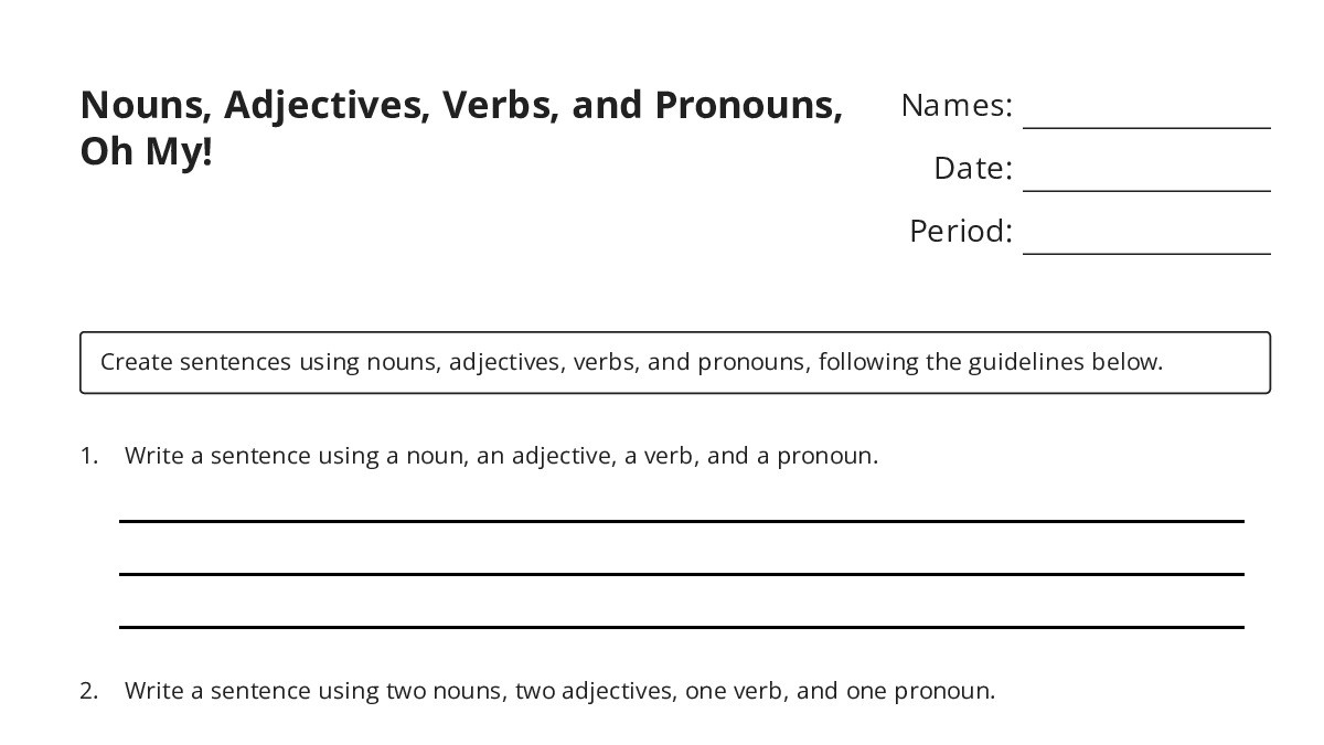 Nouns, Adjectives, Verbs, and Pronouns, Oh My!﻿﻿ - My Worksheet Maker ...
