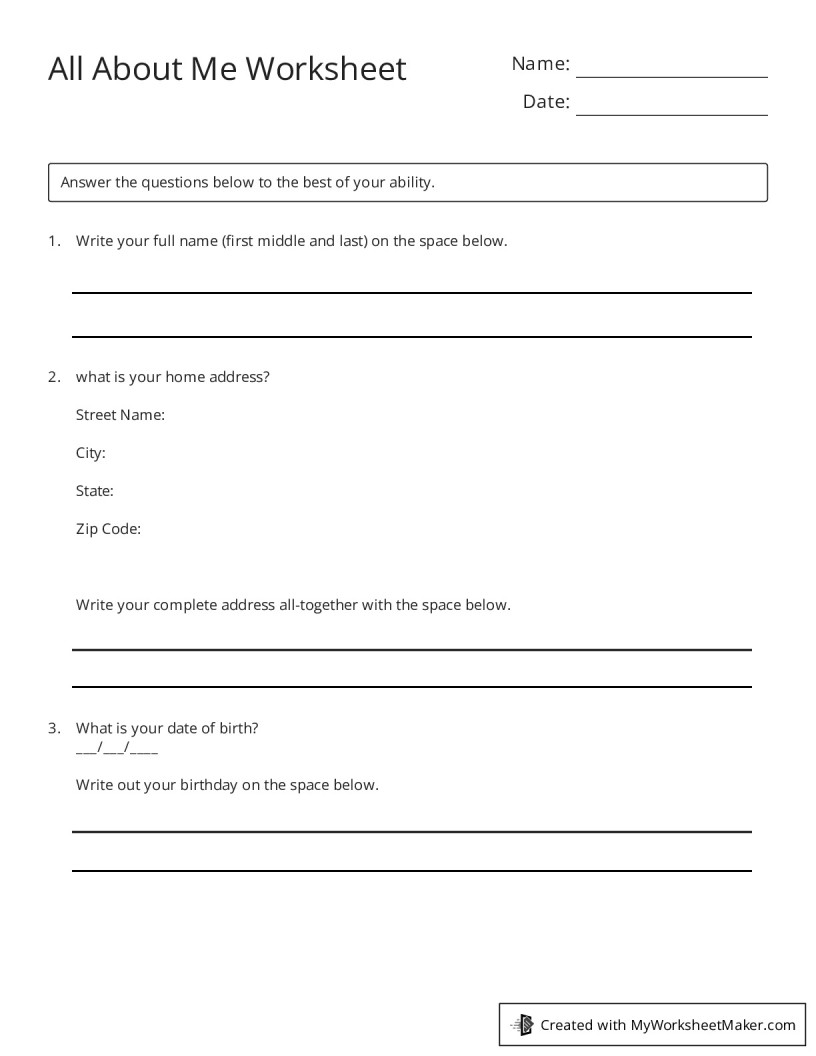 All About Me Worksheet - My Worksheet Maker: Create Your Own Worksheets