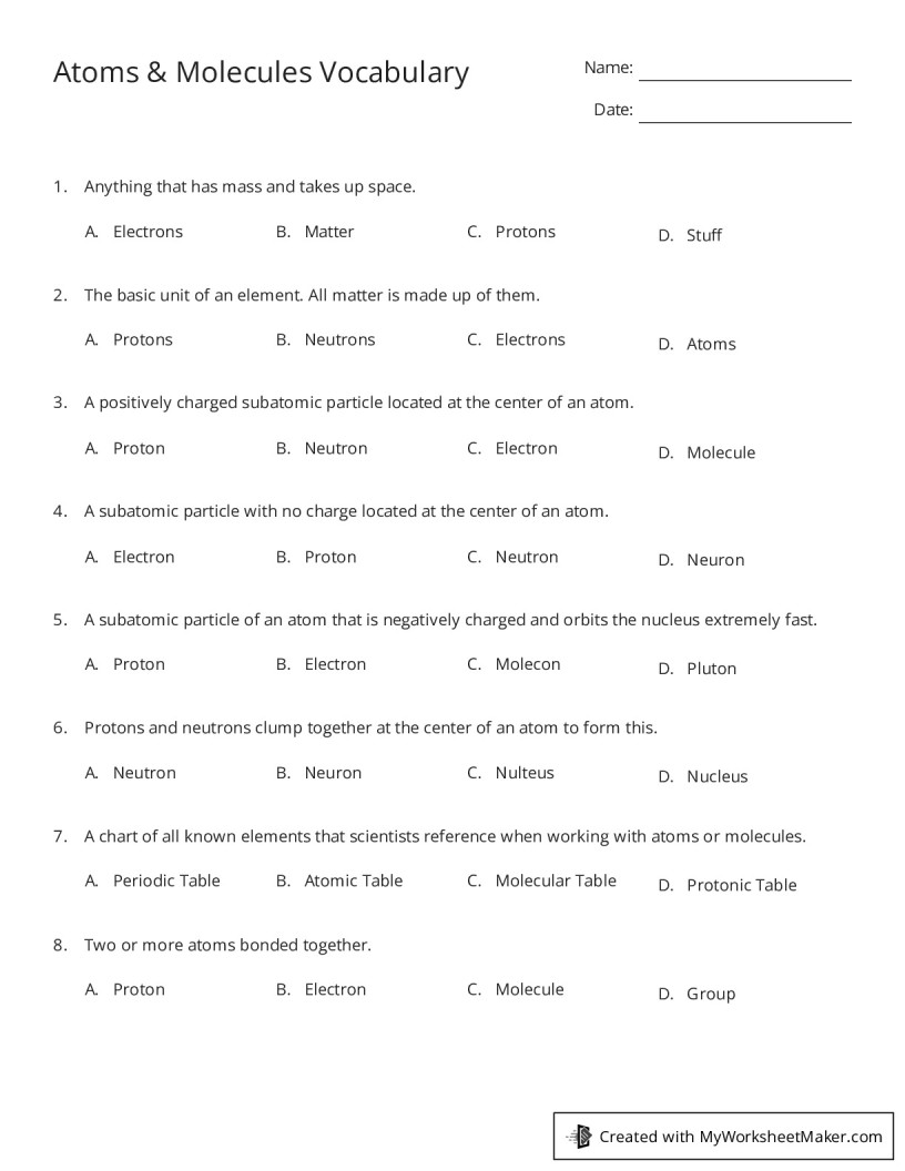 Atoms & Molecules Vocabulary - My Worksheet Maker: Create Your Own ...