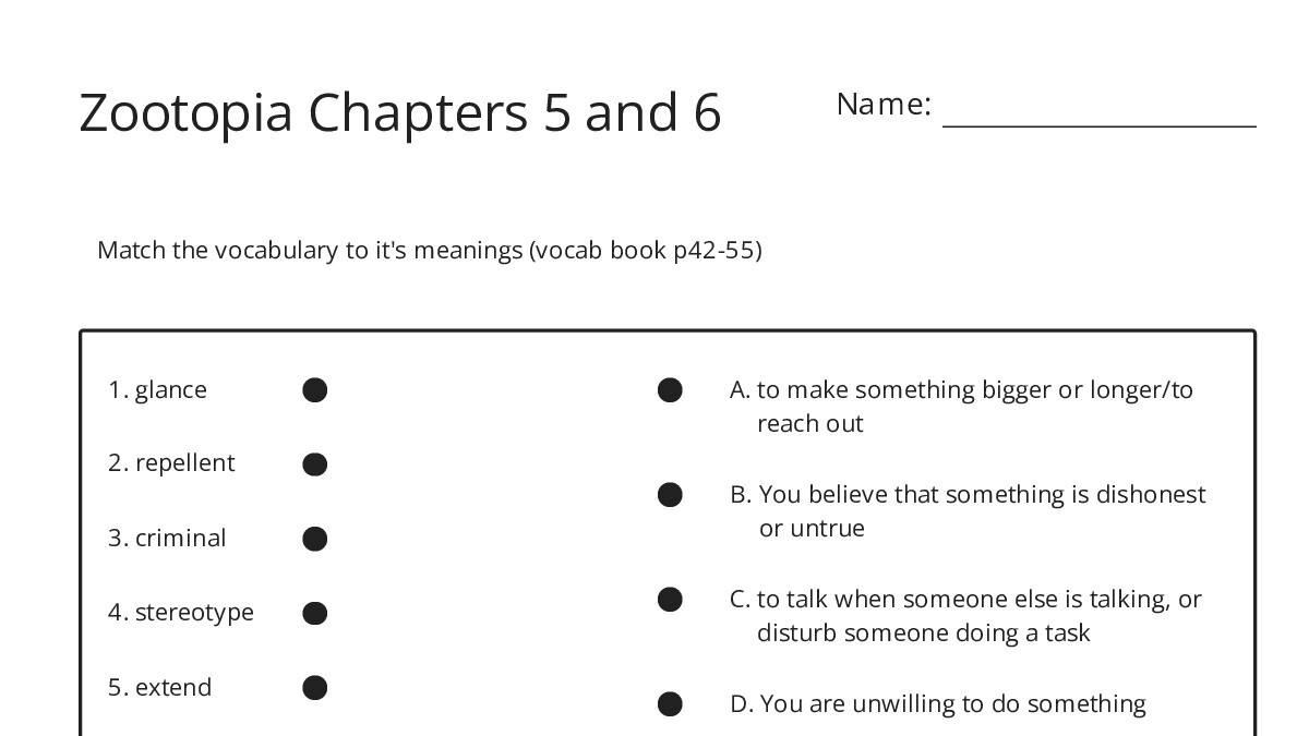 Zootopia Chapters 5 and 6 - My Worksheet Maker: Create Your Own Worksheets