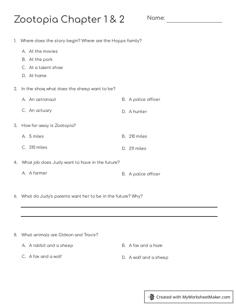 Zootopia Chapter 1 & 2 - My Worksheet Maker: Create Your Own Worksheets