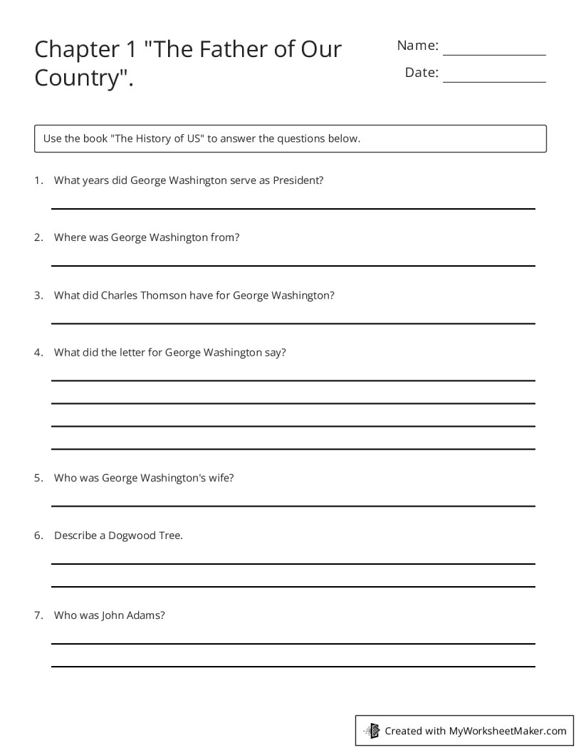 Chapter 1 "The Father of Our Country". - My Worksheet Maker: Create ...