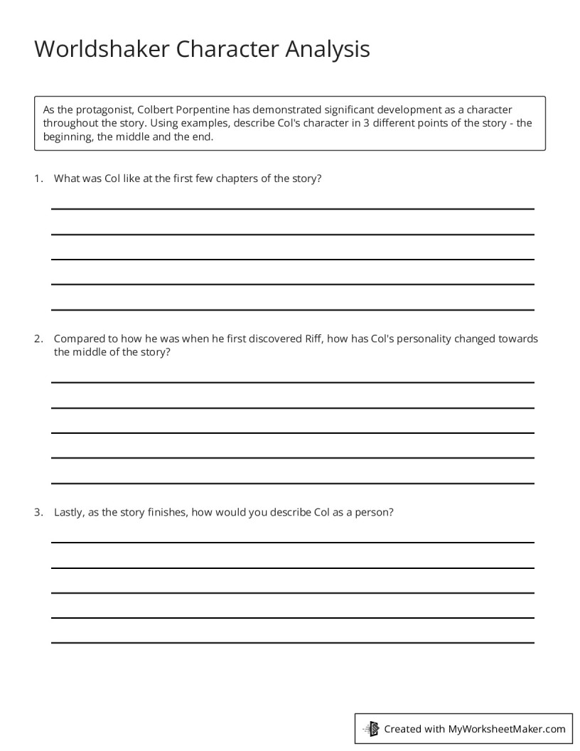 Worldshaker Character Analysis - My Worksheet Maker: Create Your Own ...