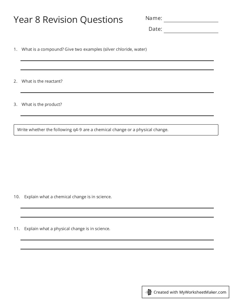 Year 8 Revision Questions - My Worksheet Maker: Create Your Own Worksheets