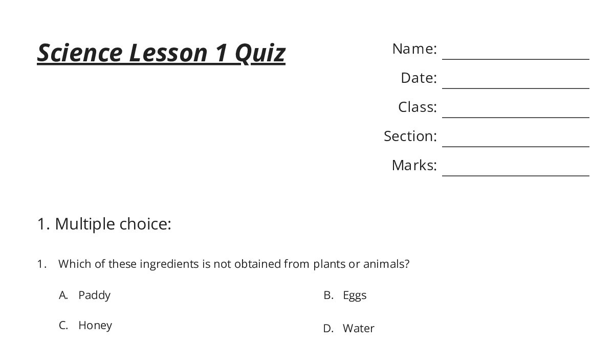 Science Lesson 1 Quiz - My Worksheet Maker: Create Your Own Worksheets
