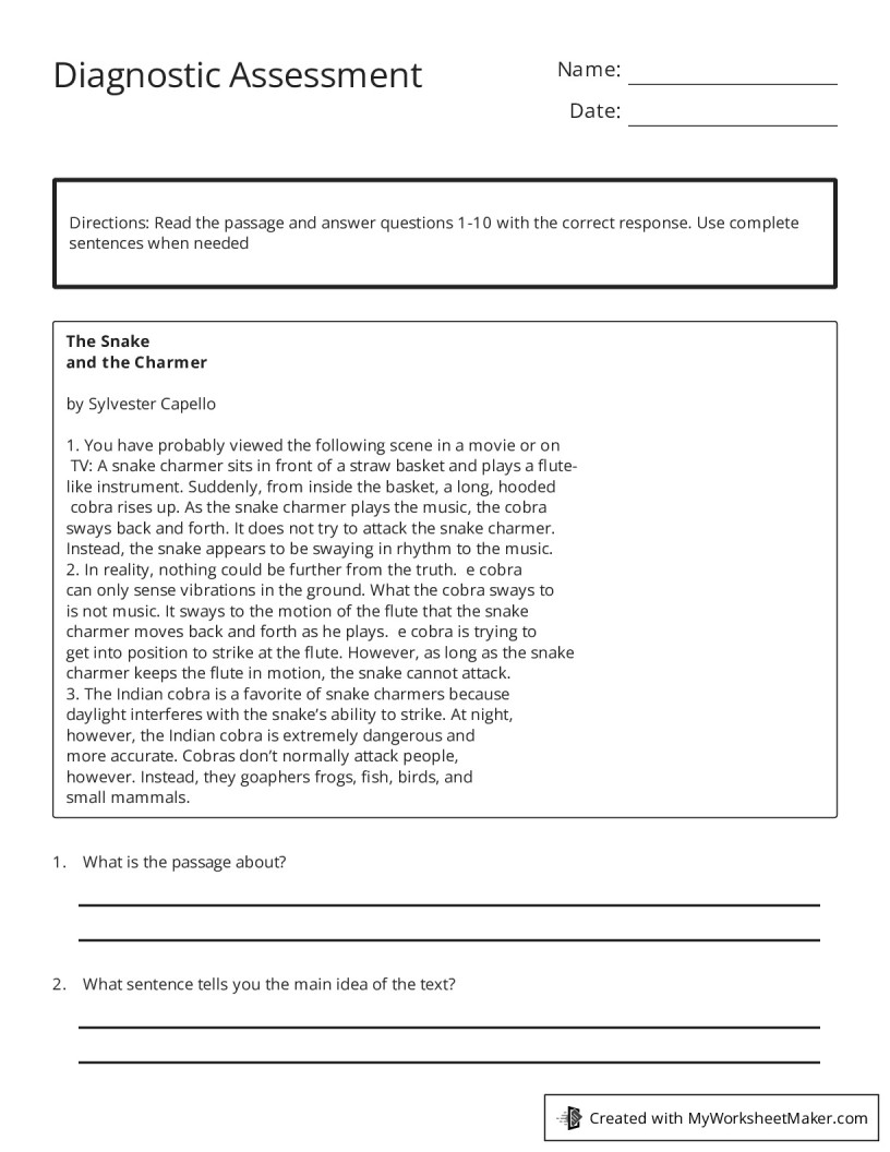 Diagnostic Assessment - My Worksheet Maker: Create Your Own Worksheets