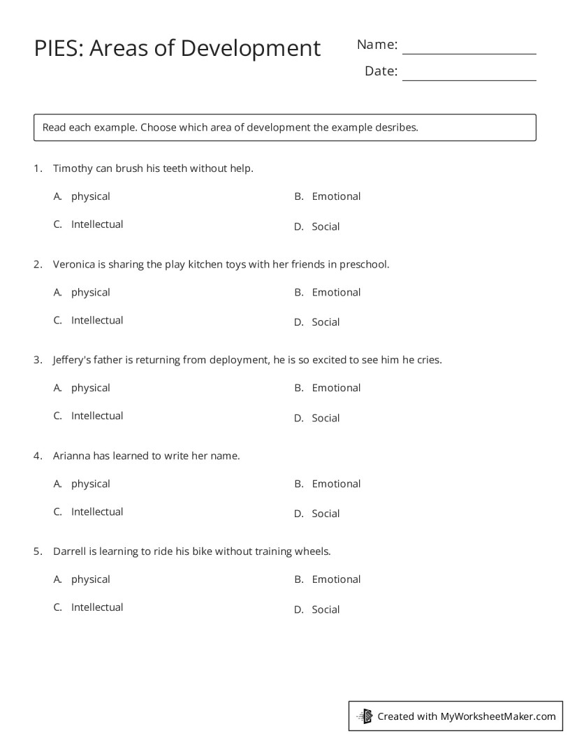 PIES: Areas of Development - My Worksheet Maker: Create Your Own Worksheets