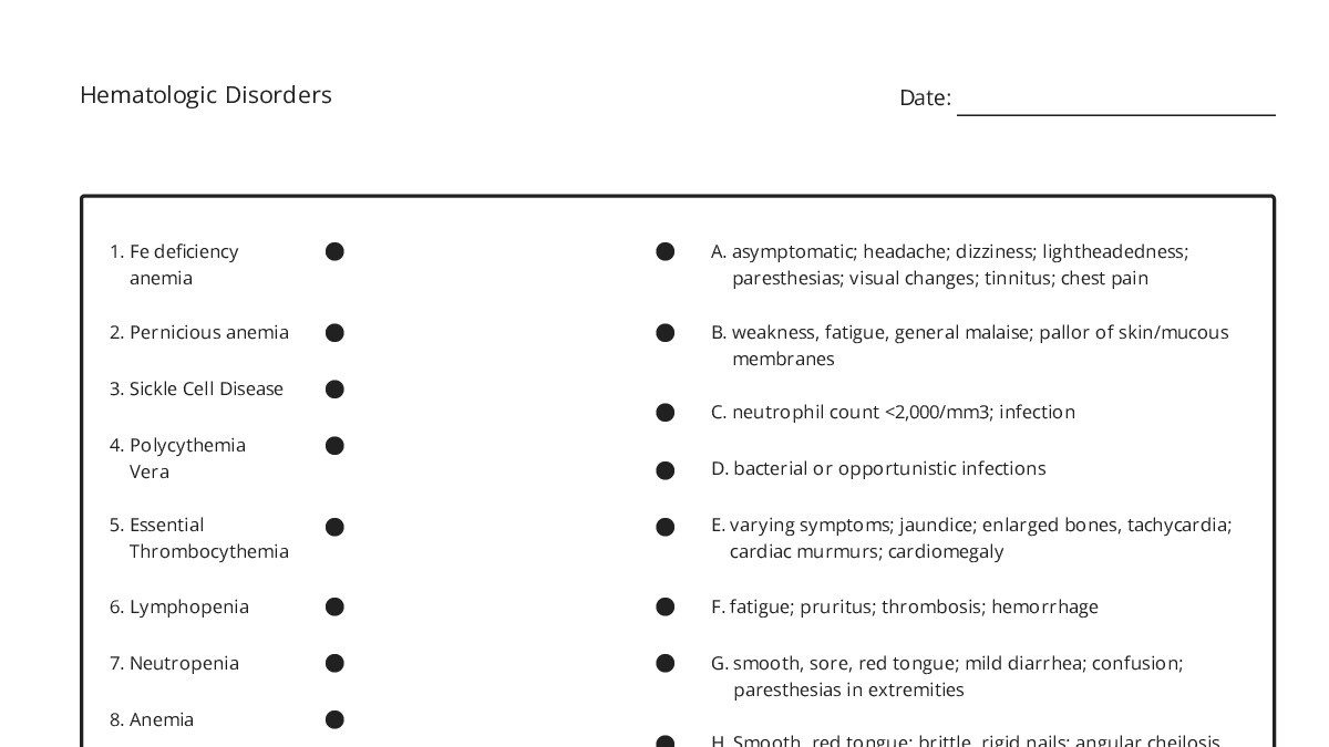 Hematologic Disorders - My Worksheet Maker: Create Your Own Worksheets