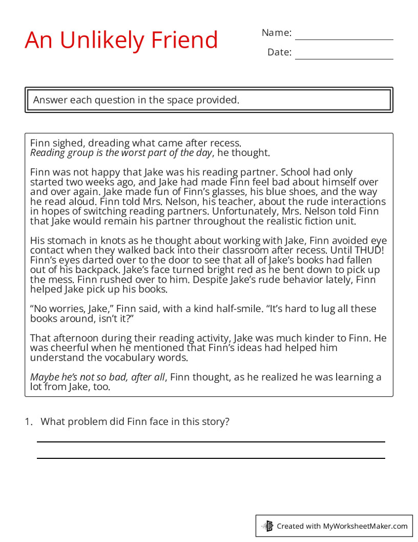 An Unlikely Friend - My Worksheet Maker: Create Your Own Worksheets