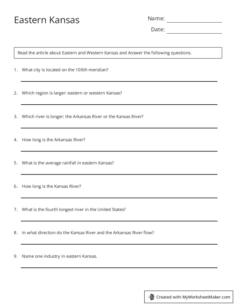 Eastern Kansas - My Worksheet Maker: Create Your Own Worksheets