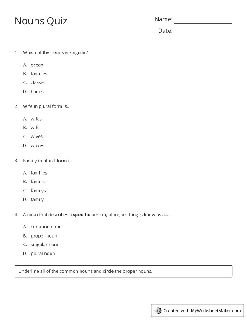 Nouns Quiz - My Worksheet Maker: Create Your Own Worksheets