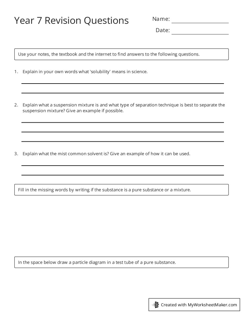 Year 7 Revision Questions - My Worksheet Maker: Create Your Own Worksheets