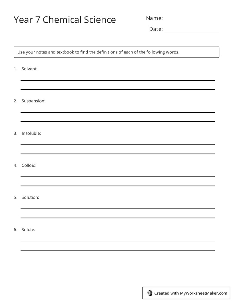 Year 7 Chemical Science - My Worksheet Maker: Create Your Own Worksheets