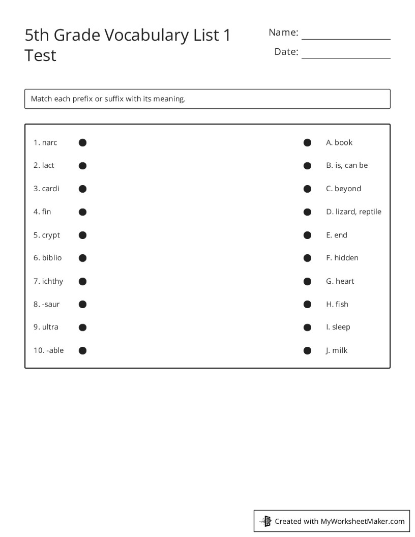 5th Grade Vocabulary List 1 Test - My Worksheet Maker: Create Your Own ...