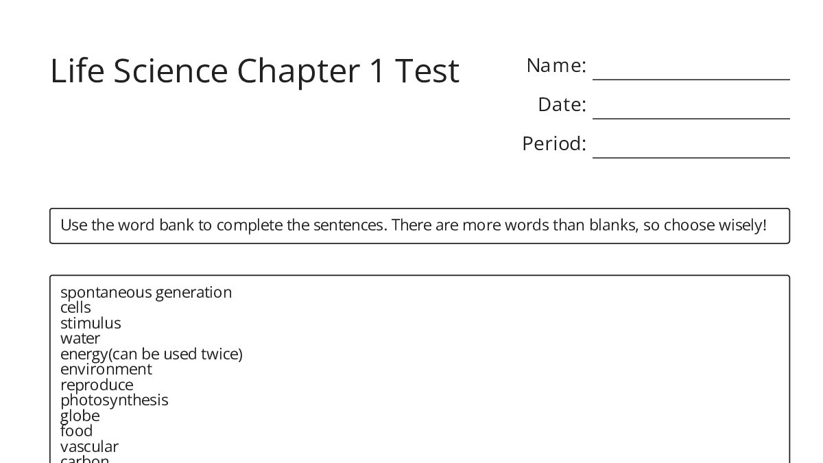 Life Science Chapter 1 Test - My Worksheet Maker: Create Your Own ...