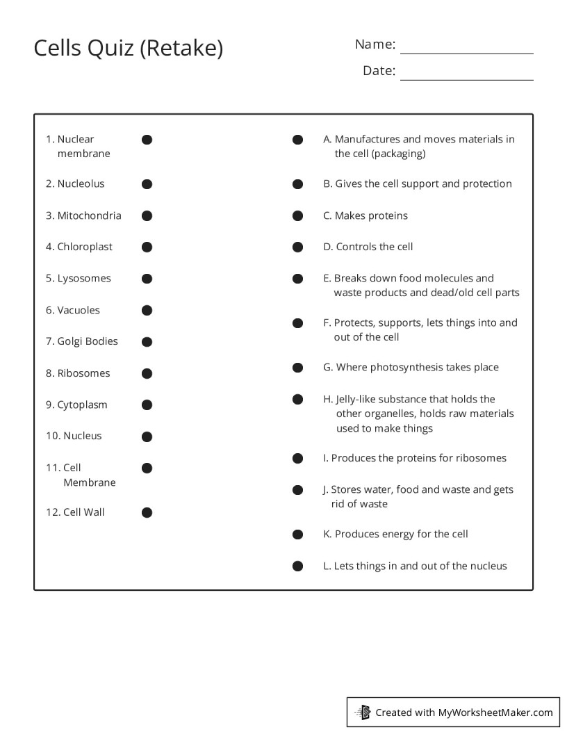 Cells Quiz (Retake) - My Worksheet Maker: Create Your Own Worksheets
