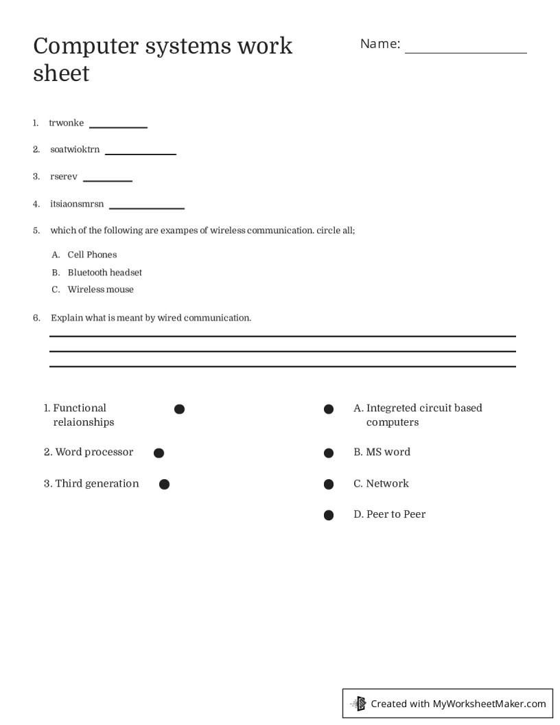 Computer systems work sheet - My Worksheet Maker: Create Your Own ...
