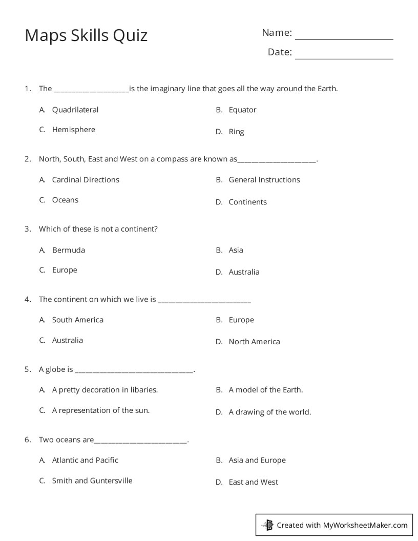 Maps Skills Quiz - My Worksheet Maker: Create Your Own Worksheets