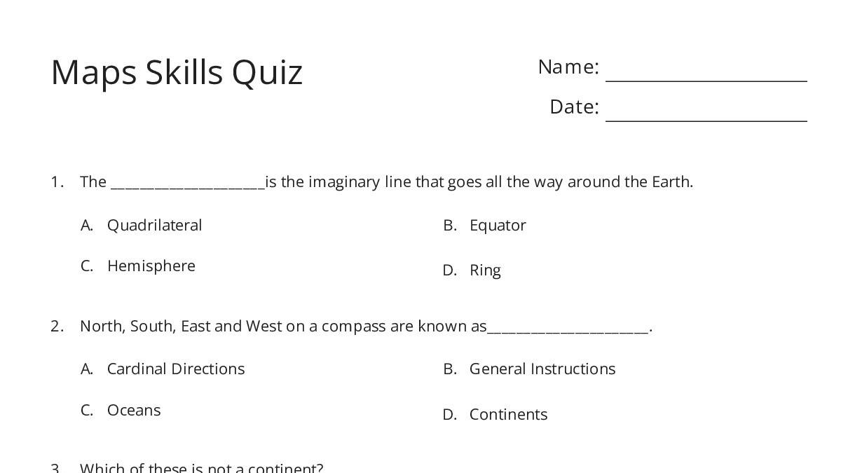 Maps Skills Quiz - My Worksheet Maker: Create Your Own Worksheets