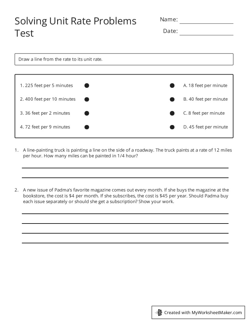 Solving Unit Rate Problems Test - My Worksheet Maker: Create Your Own ...